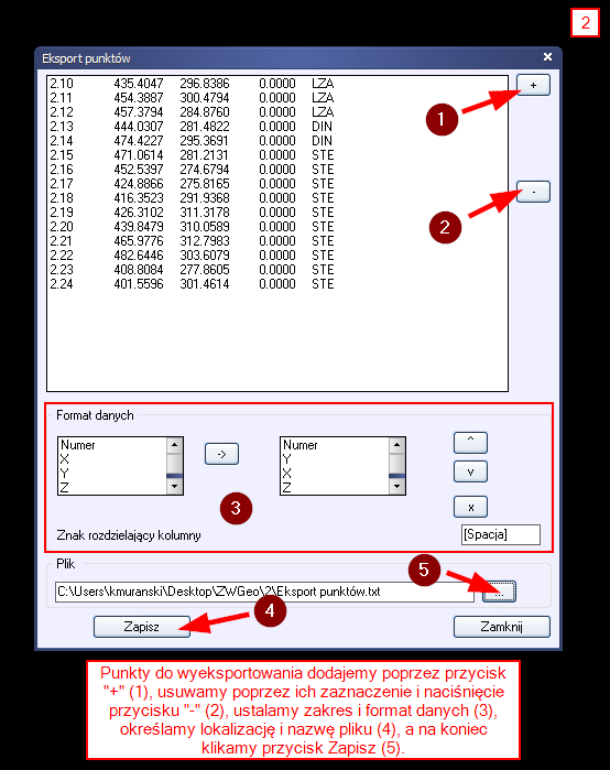 ZWGeo - Eksportuj współrzędne punktów do pliku tekstowego